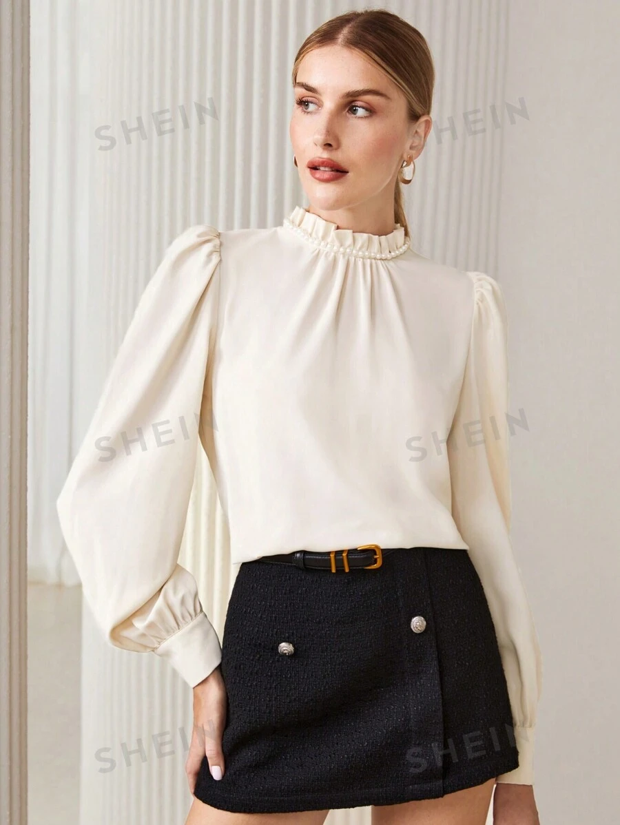 Shein Bizwear Frill Trim Mock Neck Lantern Sleeve Blouse Shein Usa