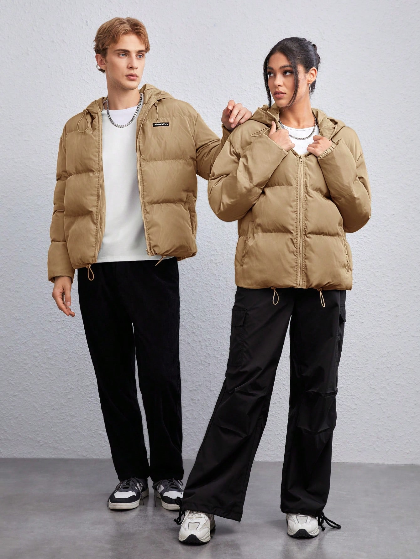 Manfinity Unisex 1pc Men's Loose Fit Letter Applique Drawstring Hooded Puffer Jacket | SHEIN USA