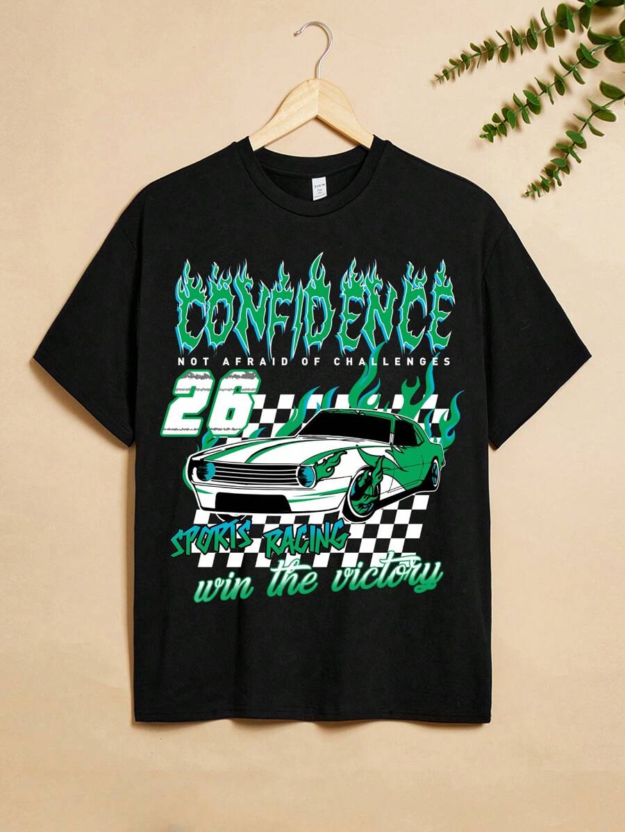 Teen Boy Casual Simplicity Racing Car Print T-Shirt, Suitable For ...