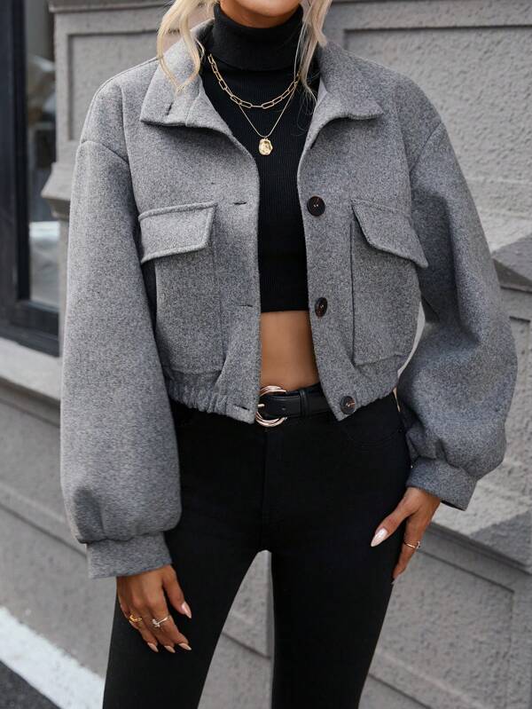 SHEIN LUNE Flap Pocket Drop Shoulder Crop Jacket | SHEIN UK