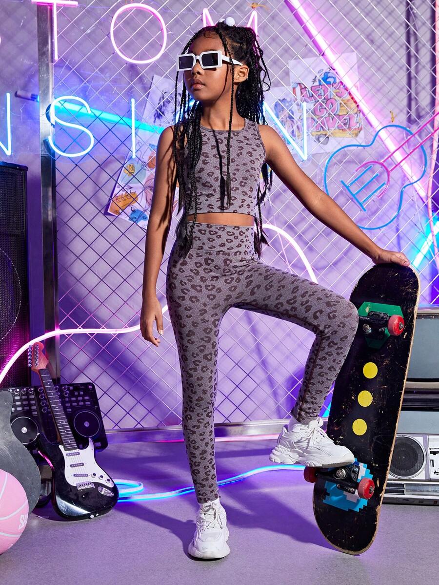 SHEIN Ragazza Tween Set sportivo con stampa leopardo | SHEIN ITALIA
