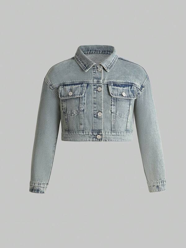 Tween Girl Flap Detail Denim Jacket | SHEIN USA