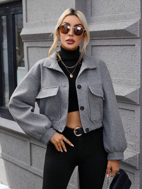 SHEIN LUNE Flap Pocket Drop Shoulder Crop Jacket | SHEIN UK