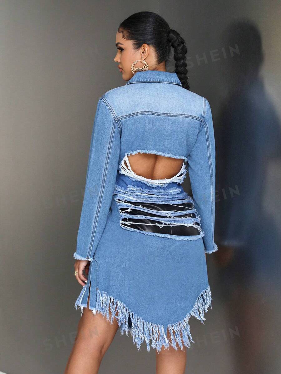 SHEIN SXY Ripped Fringe Hem Denim Coat | SHEIN USA