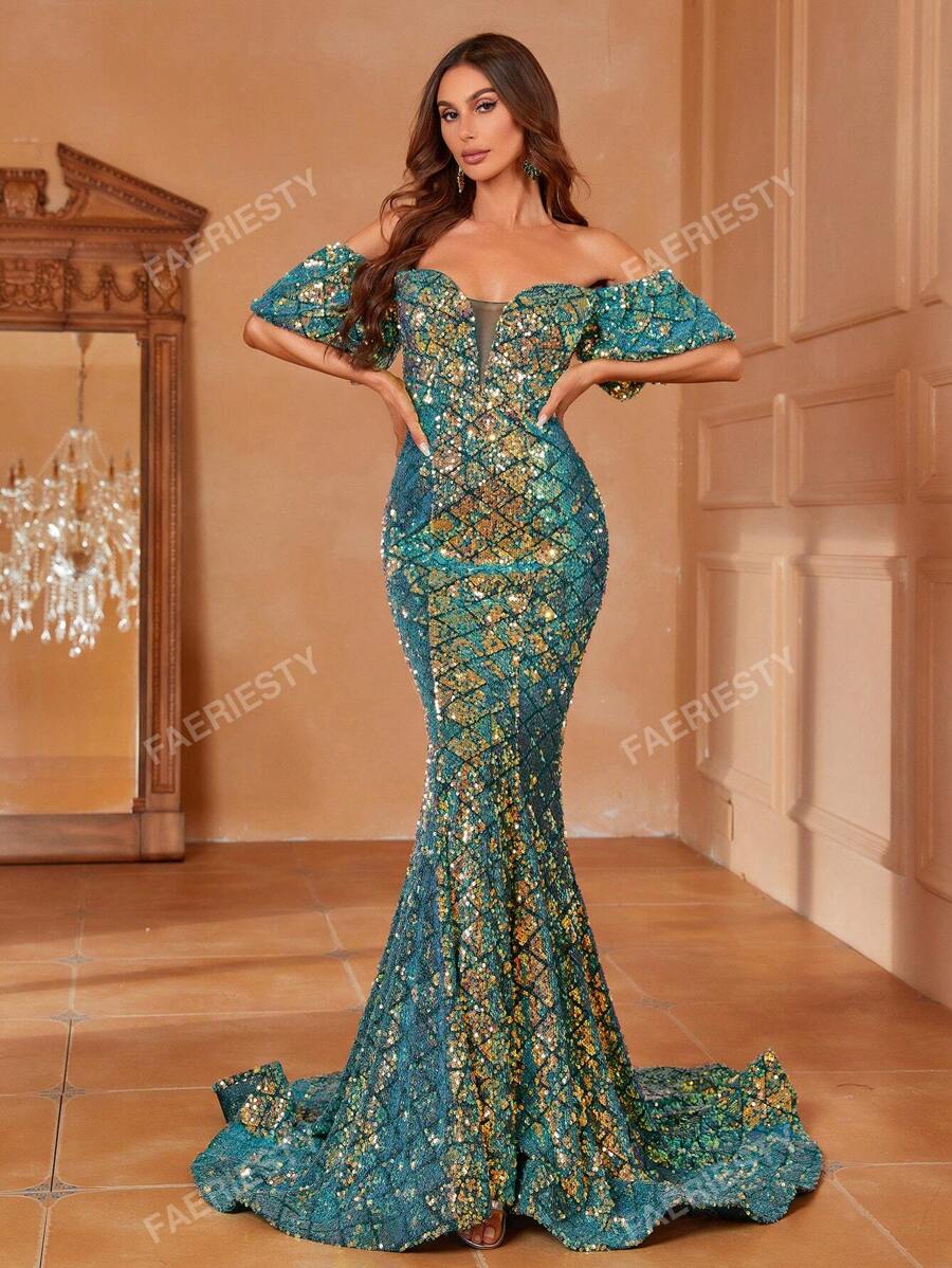 Faeriesty Off Shoulder Puff Sleeve Mermaid Hem Sequin Formal Dress | SHEIN USA