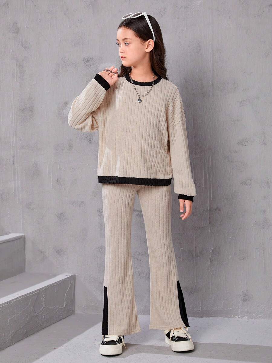 SHEIN Tween Girls Two-Piece Outfit Set: Contrast Ribbed Long Sleeve ...