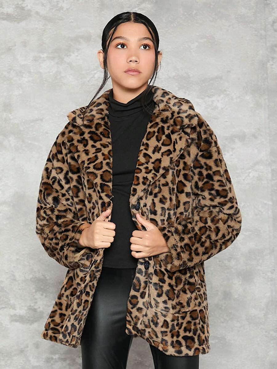Teen Girl Leopard Print Fuzzy Coat | SHEIN USA