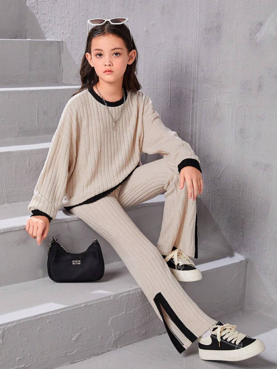 SHEIN Tween Girls Two-Piece Outfit Set: Contrast Ribbed Long Sleeve ...