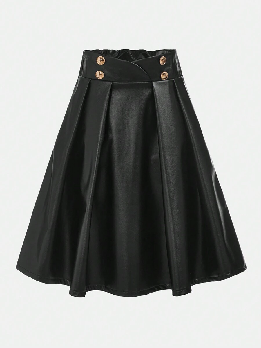 SHEIN Tween Girl Fitted Retro Double-Row Metal Buckle Wide Waist A-Hem Pu Midi Skirt | SHEIN USA