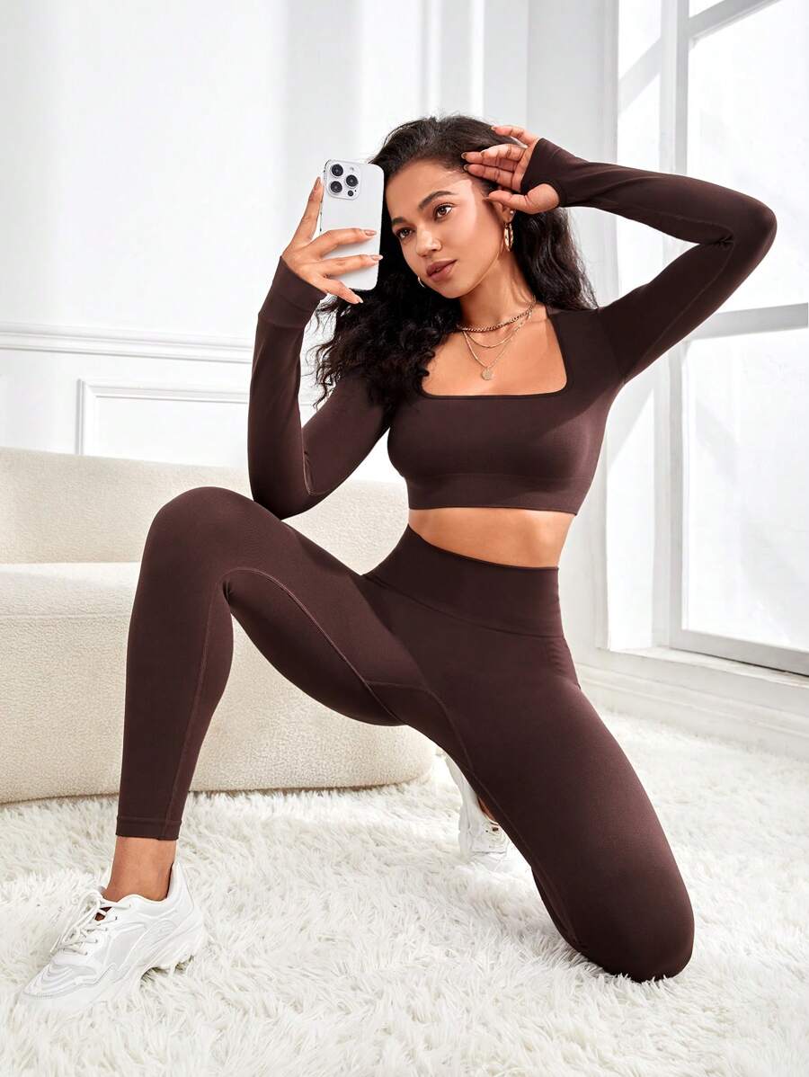 Studio SHEIN Sport Seamless & Sleeve Sports Set Workout Set Outfit Set Workout Women Set | SHEIN USA