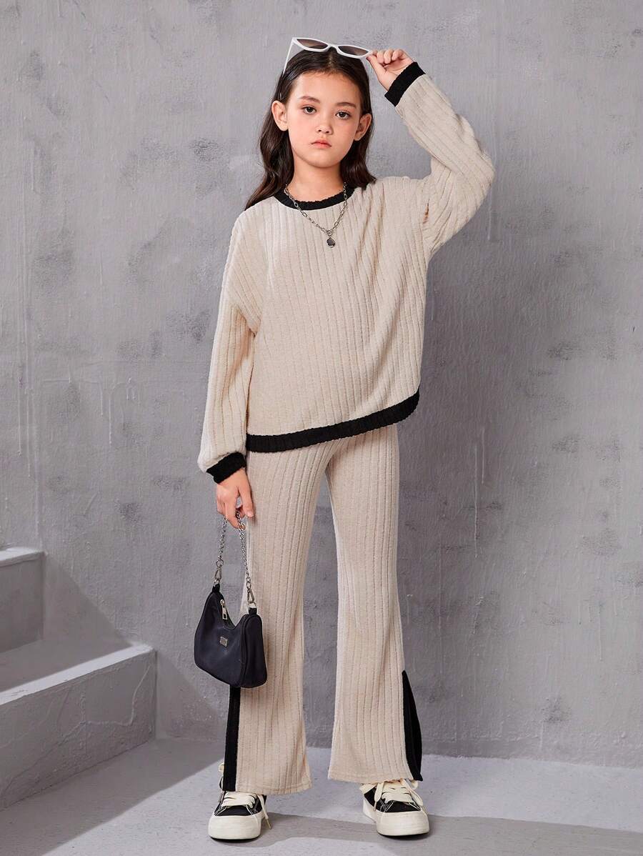 SHEIN Tween Girls Two-Piece Outfit Set: Contrast Ribbed Long Sleeve ...