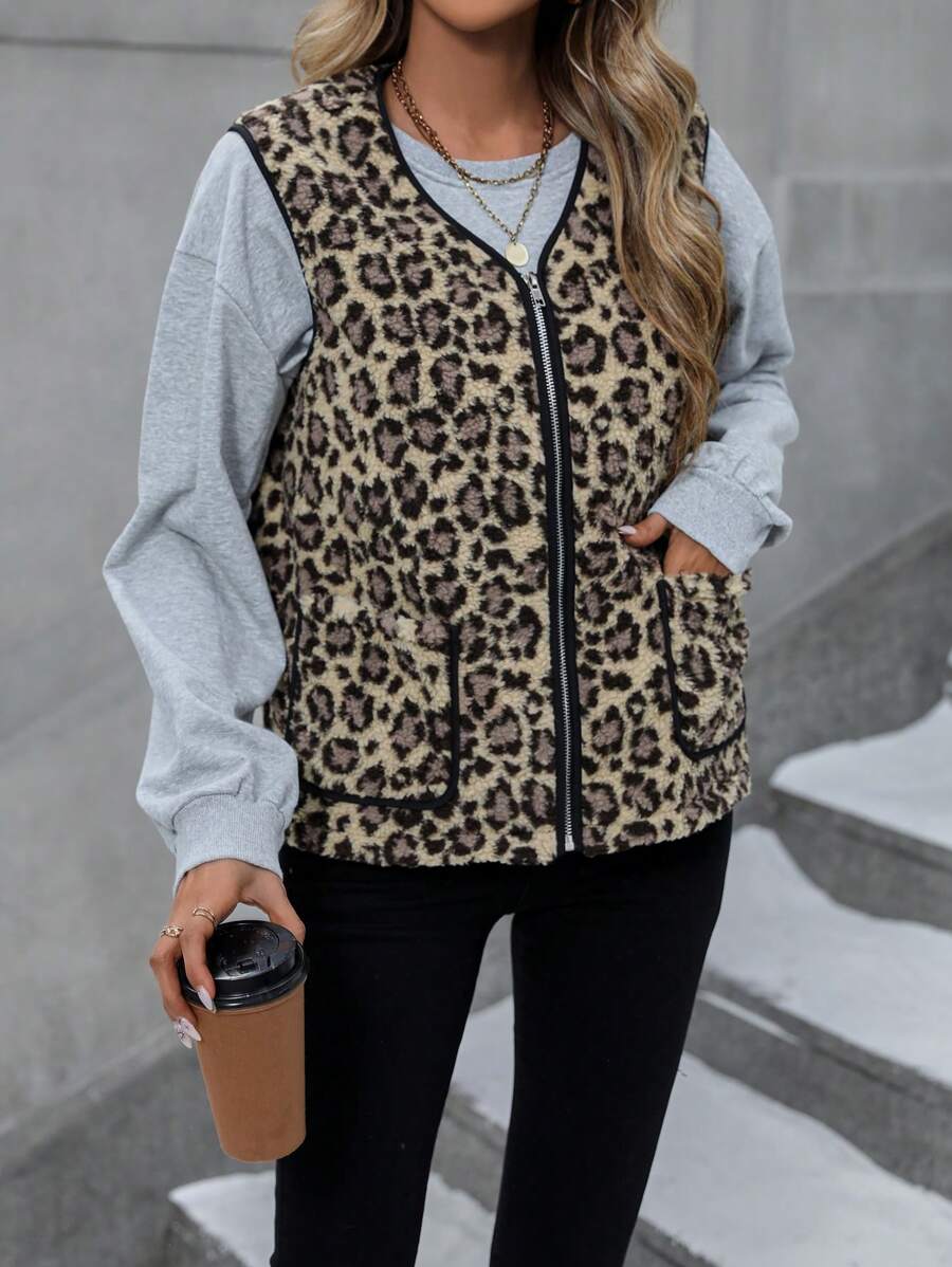 SHEIN Frenchy Leopard Print Zip Up Dual Pocket Contrast Binding Vest ...