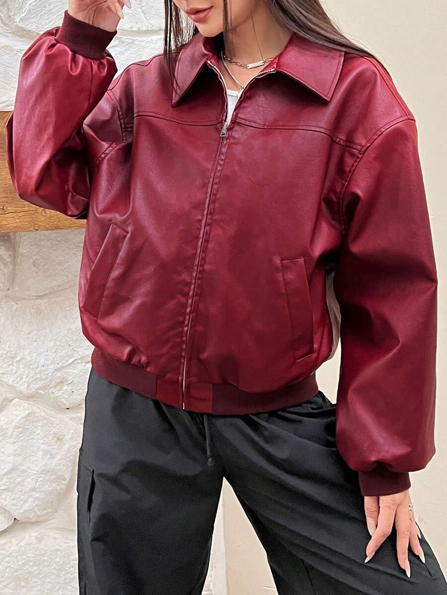 SHEIN EZwear Drop Shoulder Long Sleeve Zip Up Red PU Leather Jacket ...