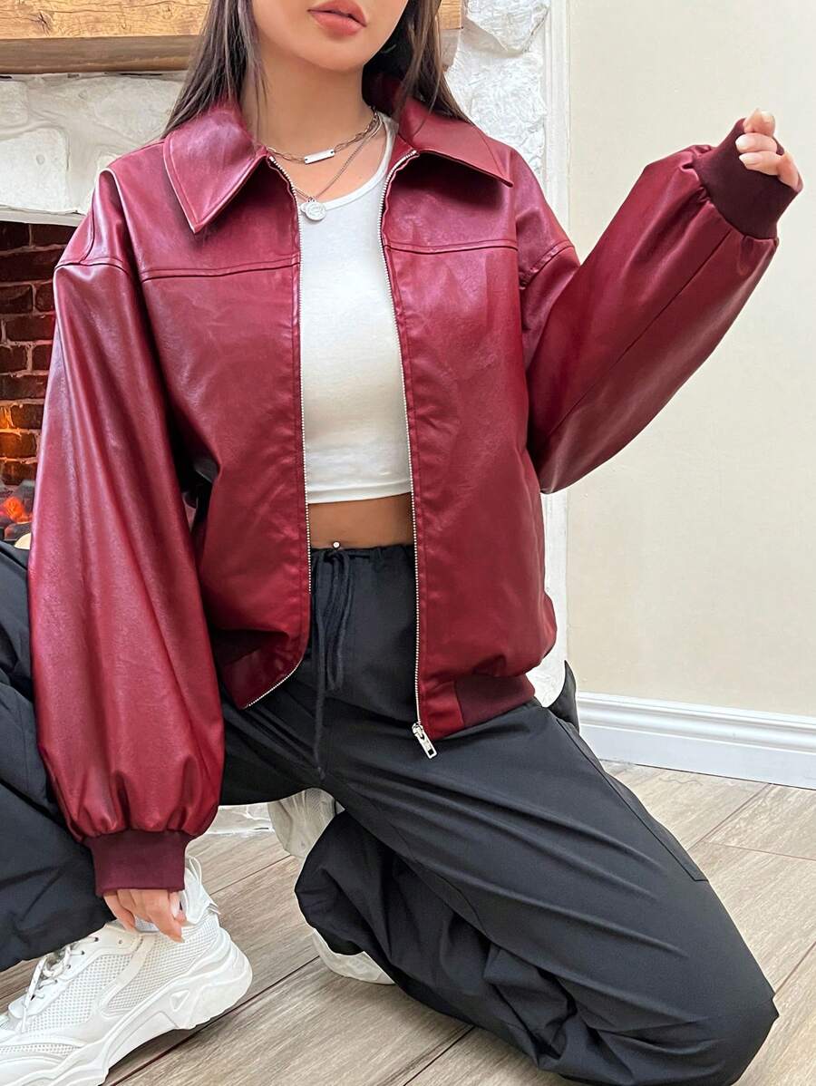 SHEIN EZwear Drop Shoulder Long Sleeve Zip Up Red PU Leather Jacket ...