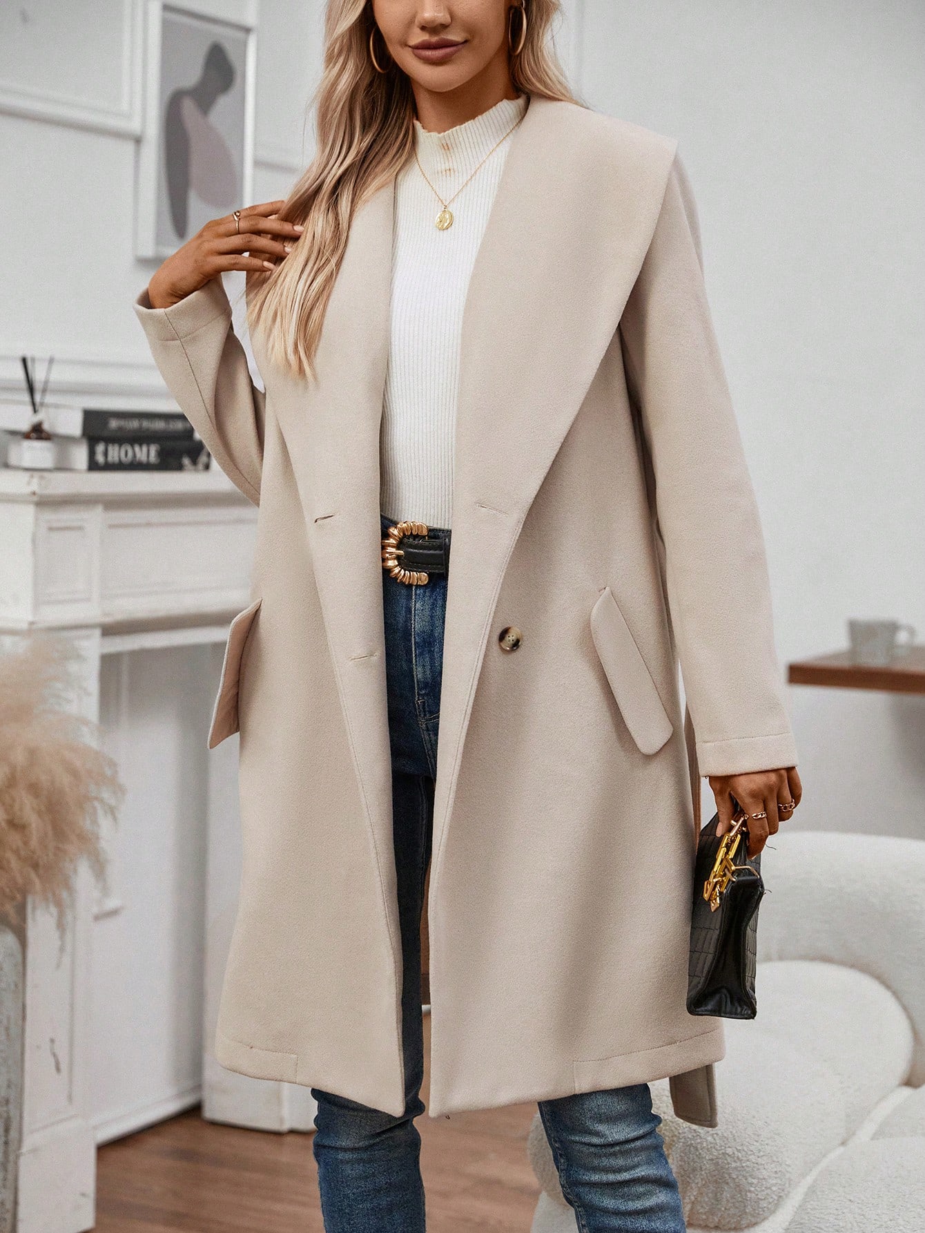 Shein Lune Waterfall Collar Double Breasted Belted Overcoat Shein Usa