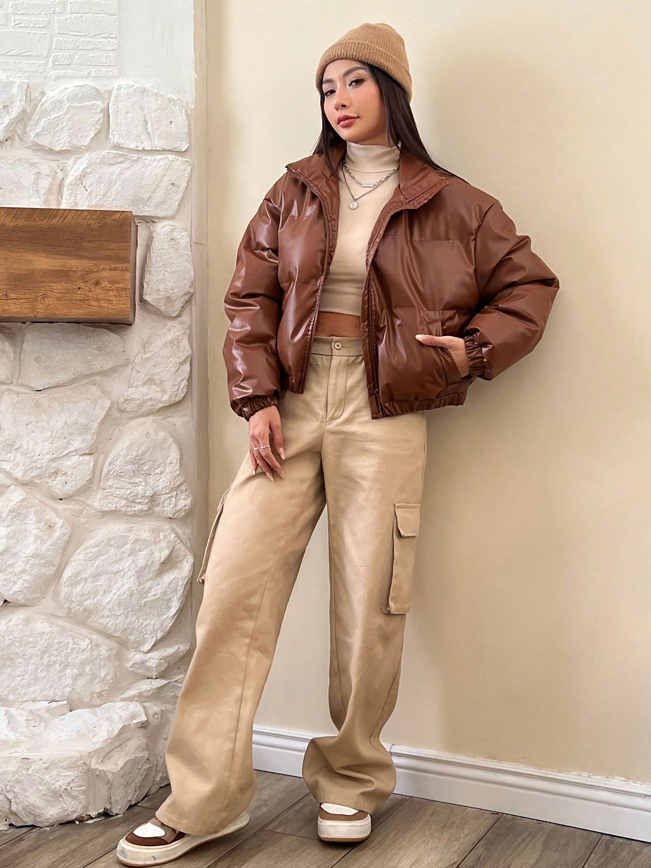 SHEIN EZwear Zip Up Drop Shoulder Leather Look Puffer Coat | SHEIN USA