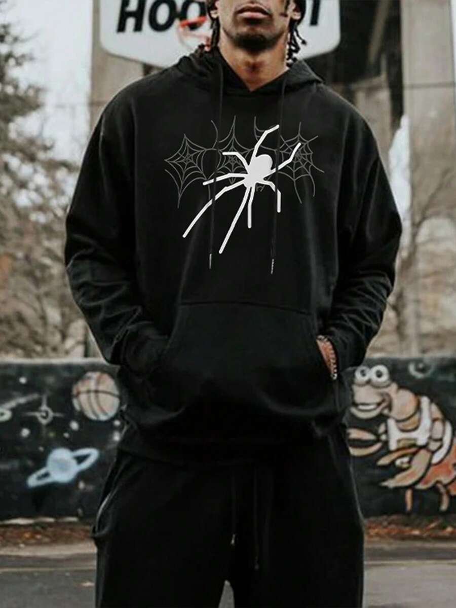 Men Plus Spider Web Print Kangaroo Pocket Drawstring Hoodie | SHEIN USA