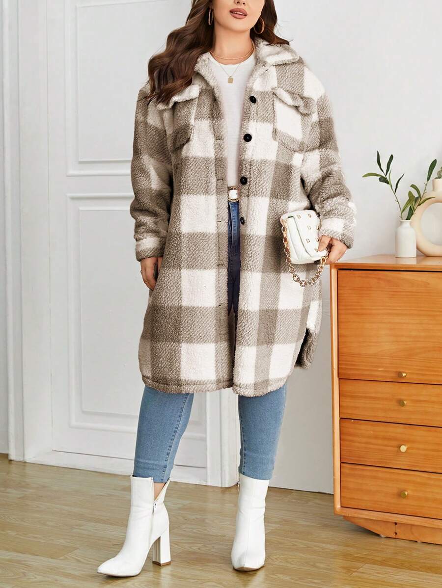 SHEIN Essnce Plus Buffalo Plaid Print Drop Shoulder Flap Pocket Flannel ...