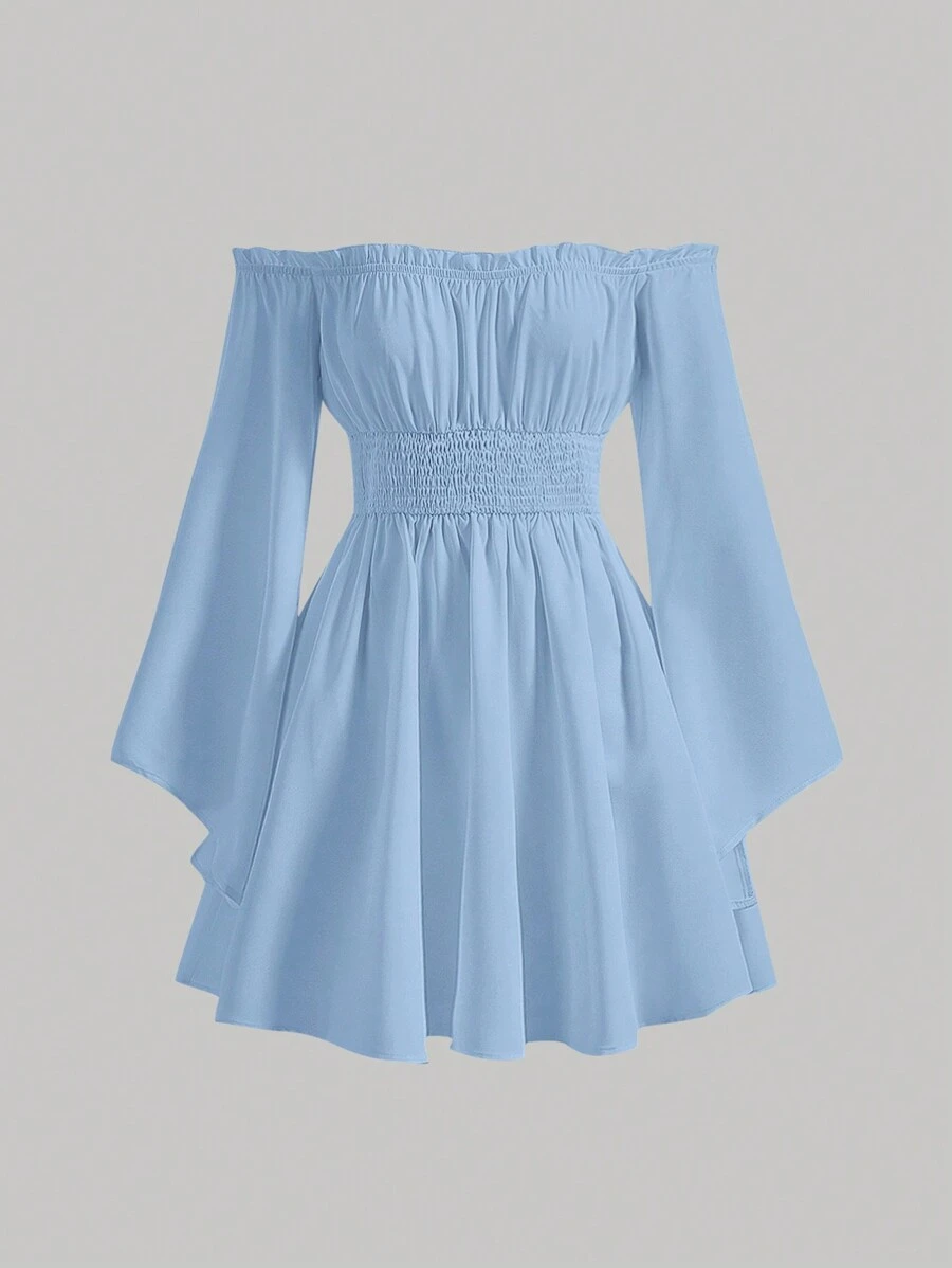 SHEIN MOD Off Shoulder Trumpet Sleeve Dress,Pastel Dresses For Women ...