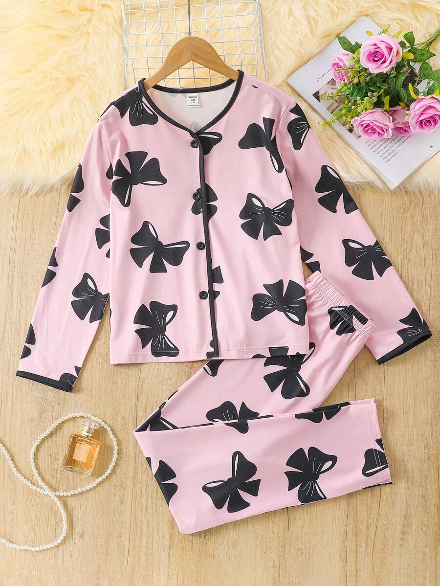 Tween Girls' Allover Print Bow Knot Detail Contrast Trim Pajama Set ...