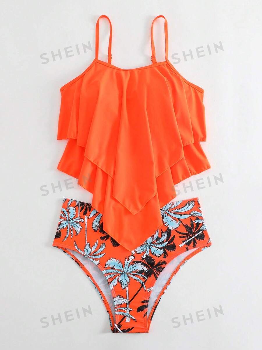Shein Swim Lushore Summer Beach Tropical Print Hanky Hem Tankini