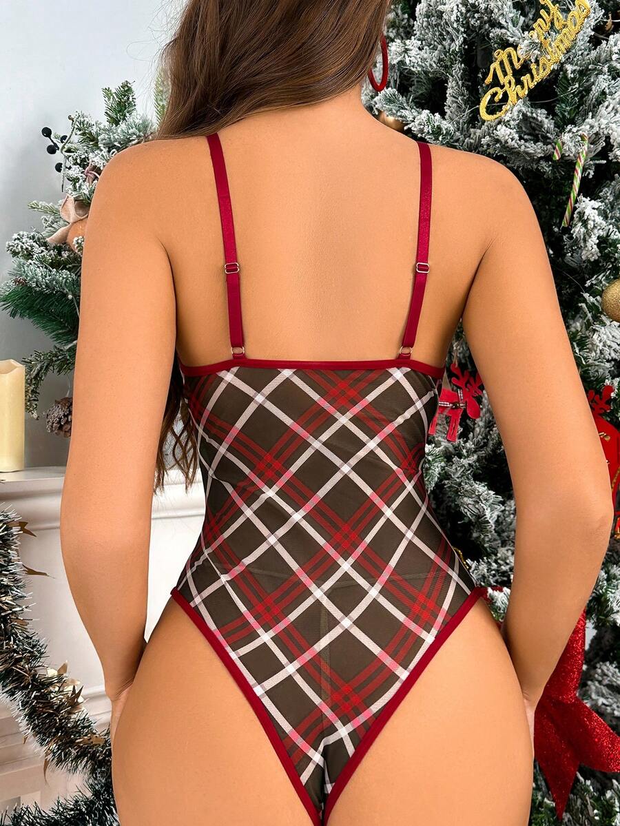 Classic Sexy Plaid Cut Out Contrast Binding Mesh Teddy Bodysuit | SHEIN USA