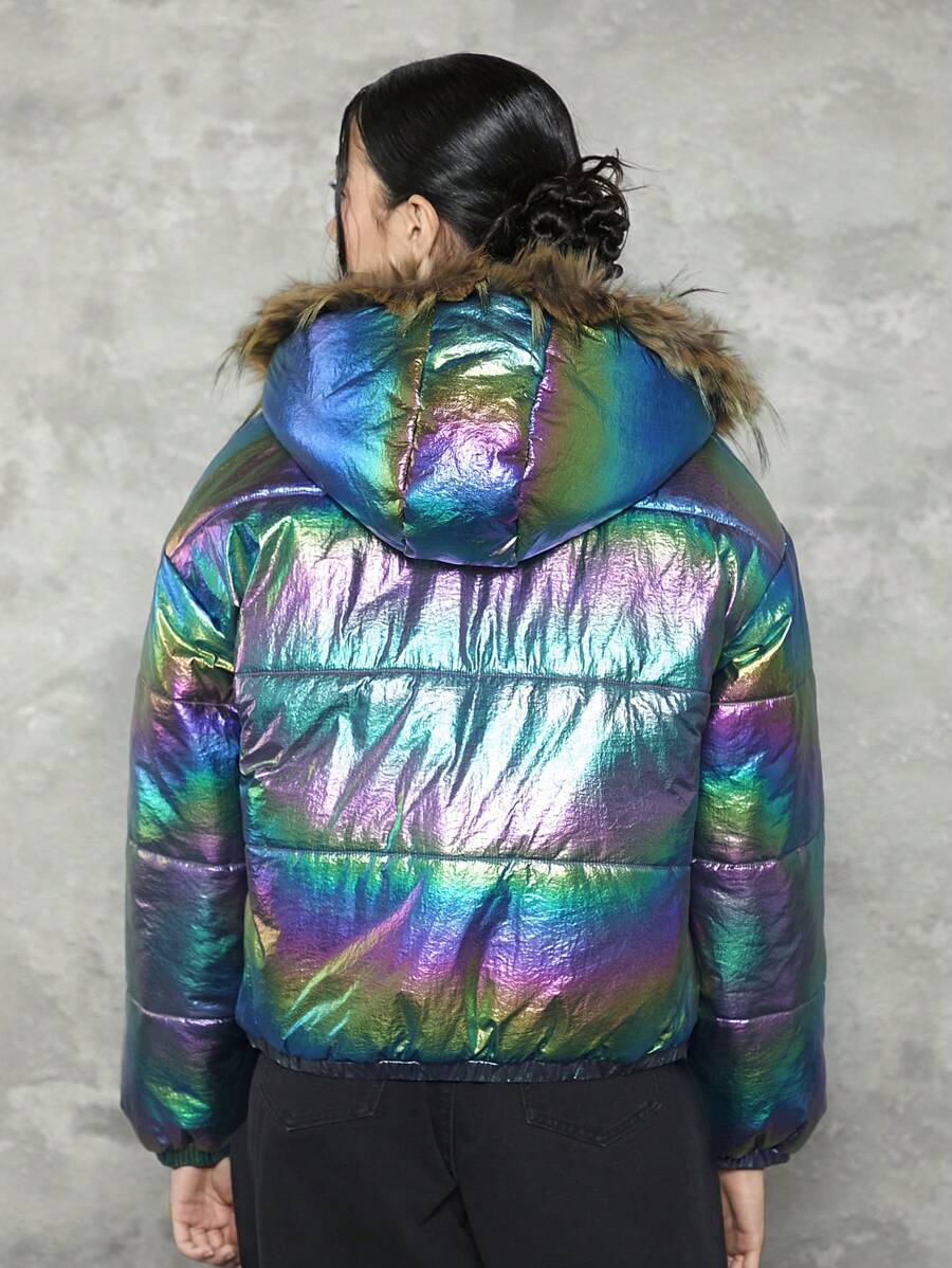 SHEIN Tween Girl Holographic Fuzzy Trim Hooded Puffer Coat | SHEIN UK