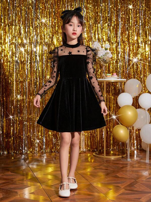 SHEIN Kids KDOMO Tween Girl Contrast Star Mesh Puff Sleeve Velvet Dress ...