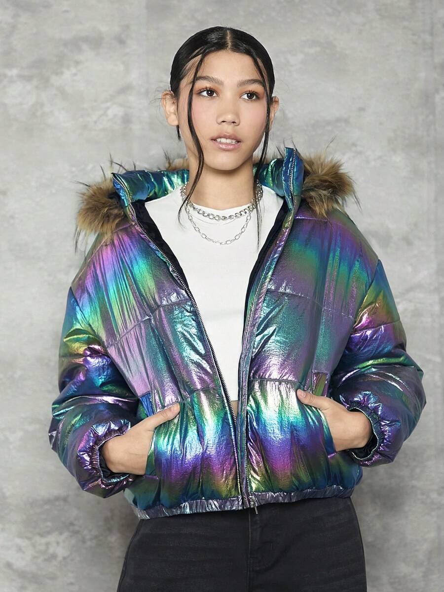 SHEIN Tween Girl Holographic Fuzzy Trim Hooded Puffer Coat | SHEIN UK