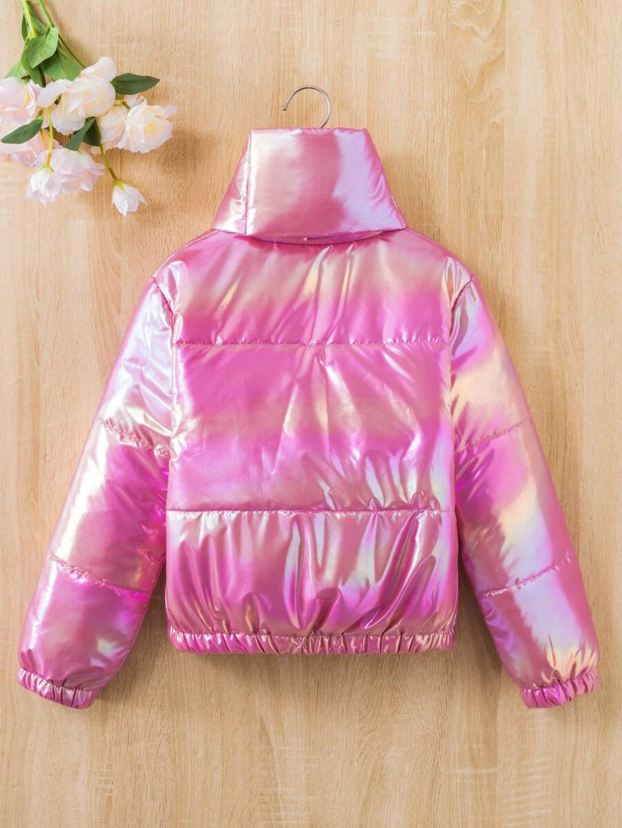 SHEIN Tween Girl Holographic Zip Up Puffer Coat With Letter Patched ...