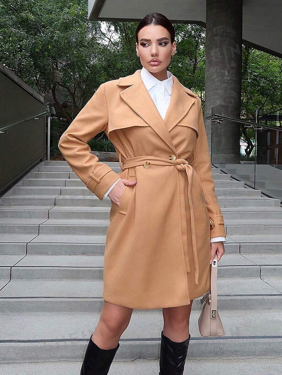 SHEIN Privé Lapel Neck Belted Slant Pocket Overcoat | SHEIN UK