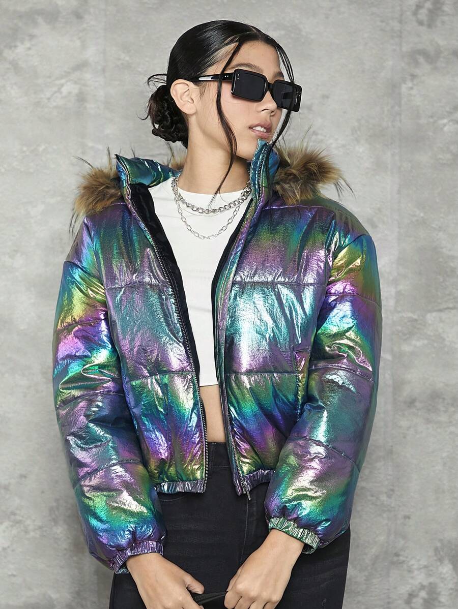 SHEIN Tween Girl Holographic Fuzzy Trim Hooded Puffer Coat | SHEIN UK