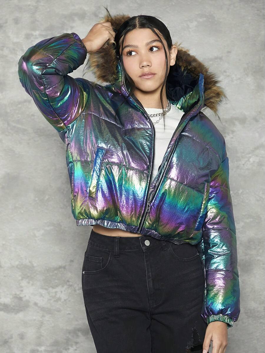 SHEIN Tween Girl Holographic Fuzzy Trim Hooded Puffer Coat | SHEIN UK