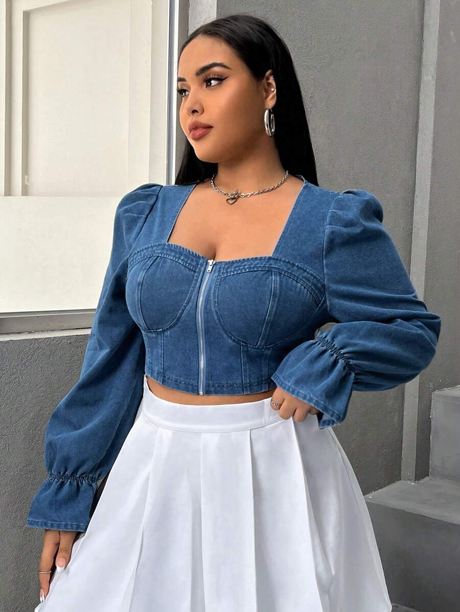 SHEIN EZwear Plus Sweetheart Neck Flare Sleeve Zip Up Crop Denim Top ...