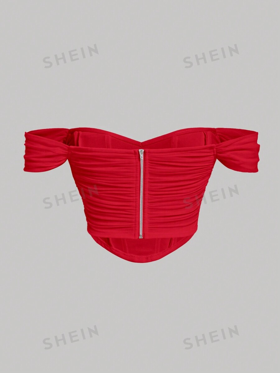 SHEIN MOD Plus Off Shoulder Ruched Bandana Hem Ruched Mesh Bodycon Red ...