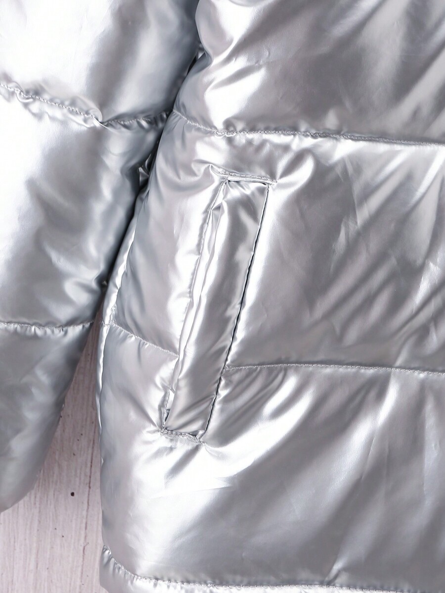 SHEIN Tween Boy Fuzzy Trim Hooded Zipper Metallic Puffer Coat Without ...