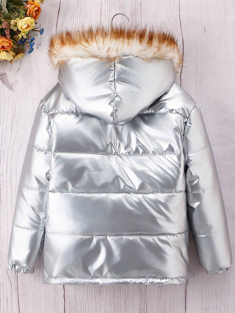 SHEIN Tween Boy Fuzzy Trim Hooded Zipper Metallic Puffer Coat Without ...