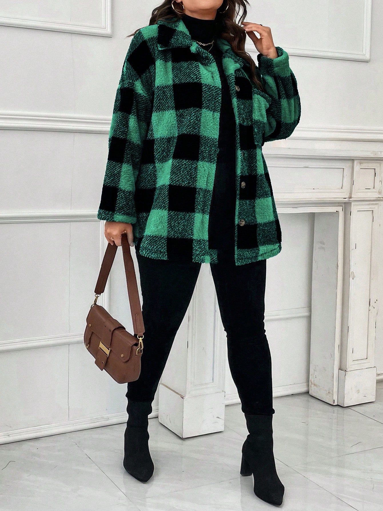 SHEIN LUNE Plus Buffalo Plaid Pattern Drop Shoulder Teddy Coat | SHEIN USA
