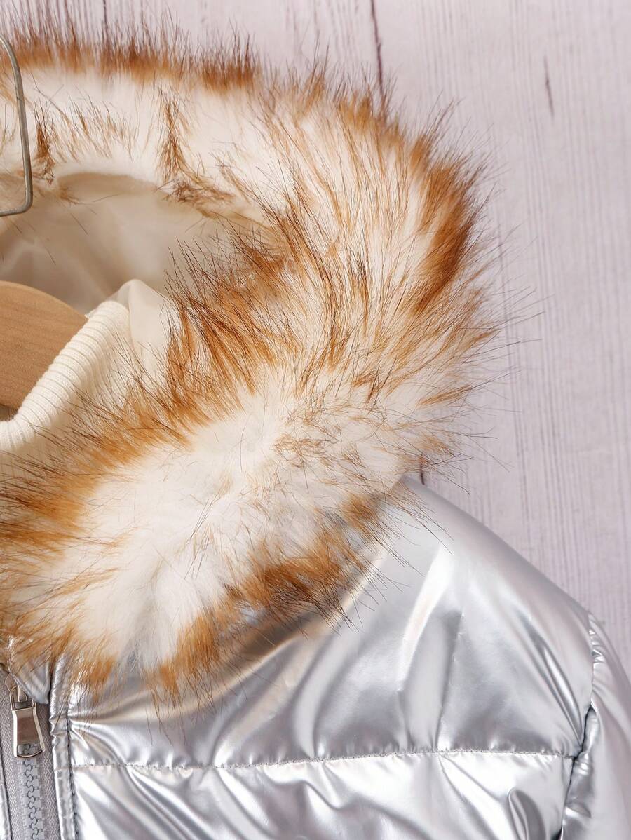 SHEIN Tween Boy Fuzzy Trim Hooded Zipper Metallic Puffer Coat Without Sweater | SHEIN USA