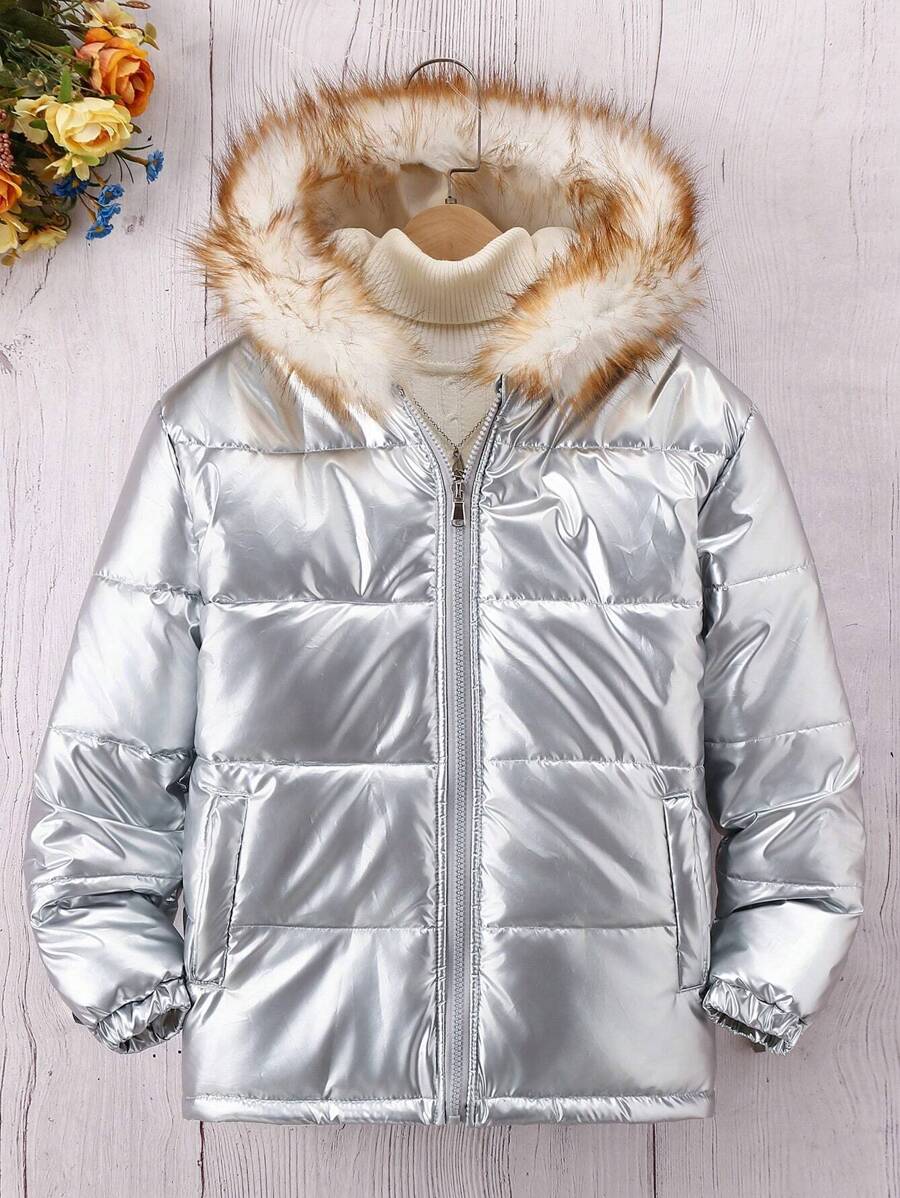 SHEIN Tween Boy Fuzzy Trim Hooded Zipper Metallic Puffer Coat Without ...