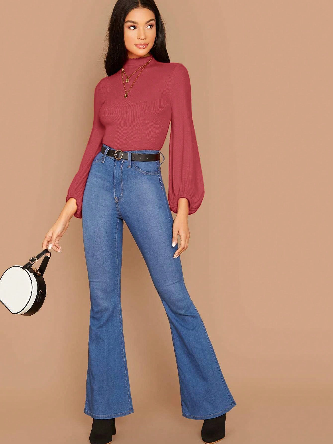 Shein Essnce Mock Neck Lantern Sleeve Rib Knit Solid Tee Shein Usa