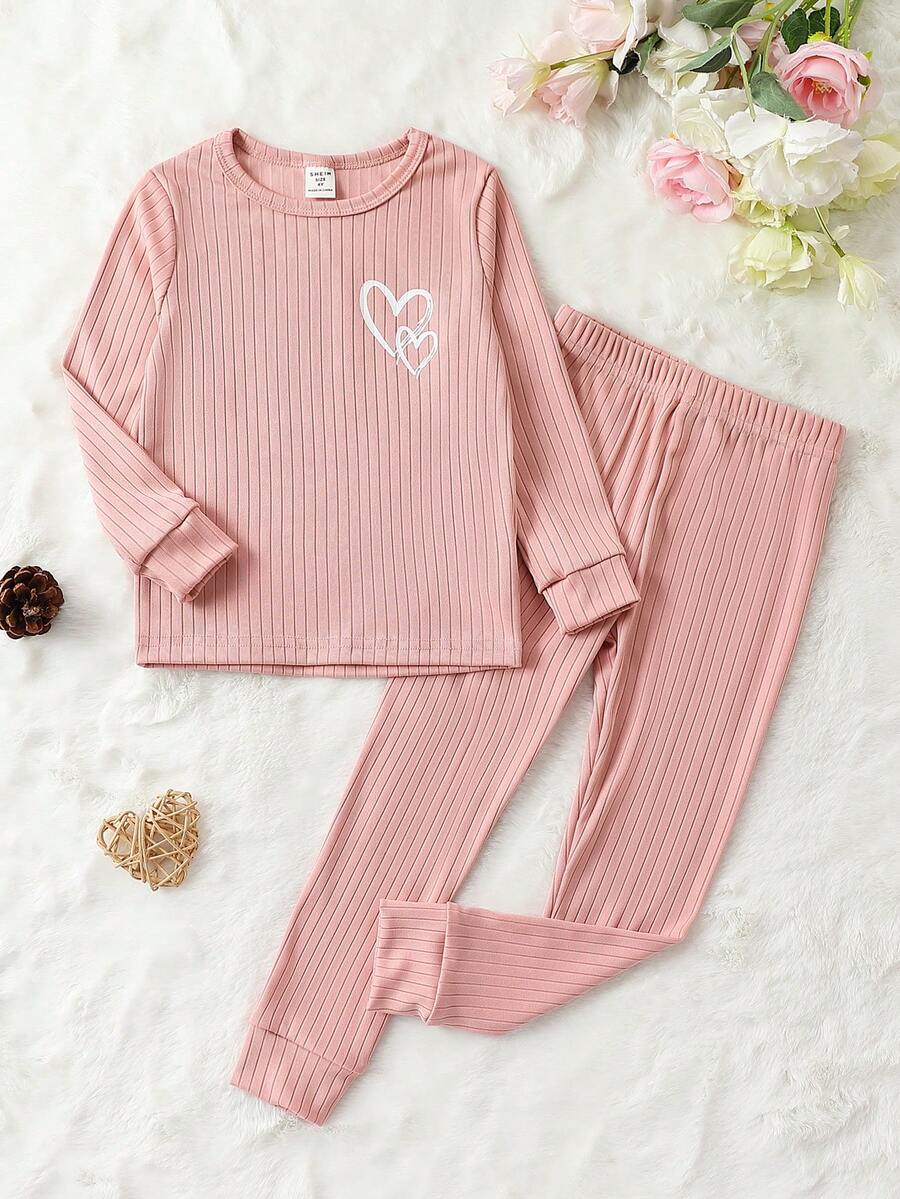Young Girl Heart Print Ribbed Knit Snug Fit PJ Set | SHEIN USA