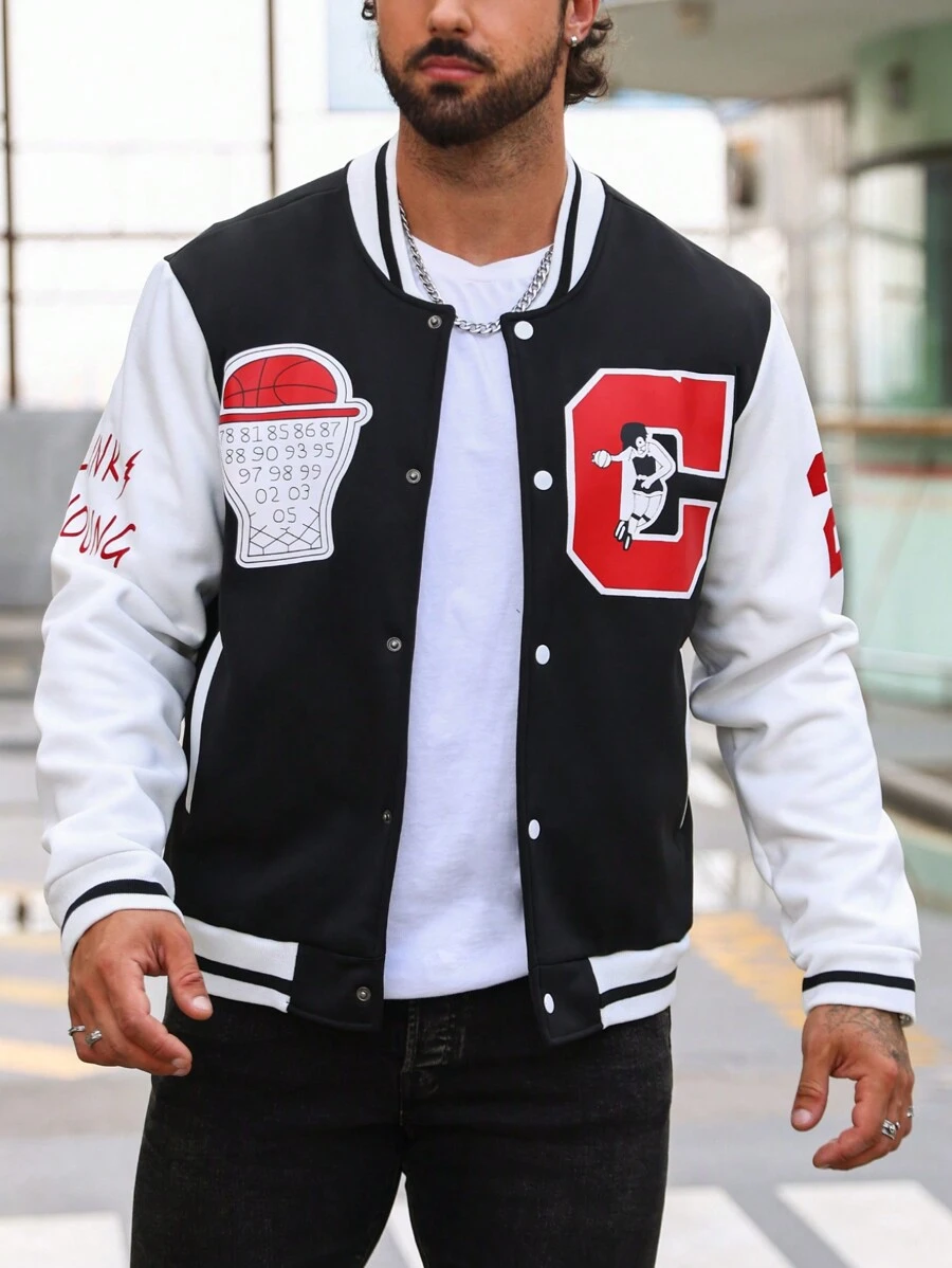 Manfinity Loose Fit Men's Letter Printed Two Tone Varsity Jacket ...