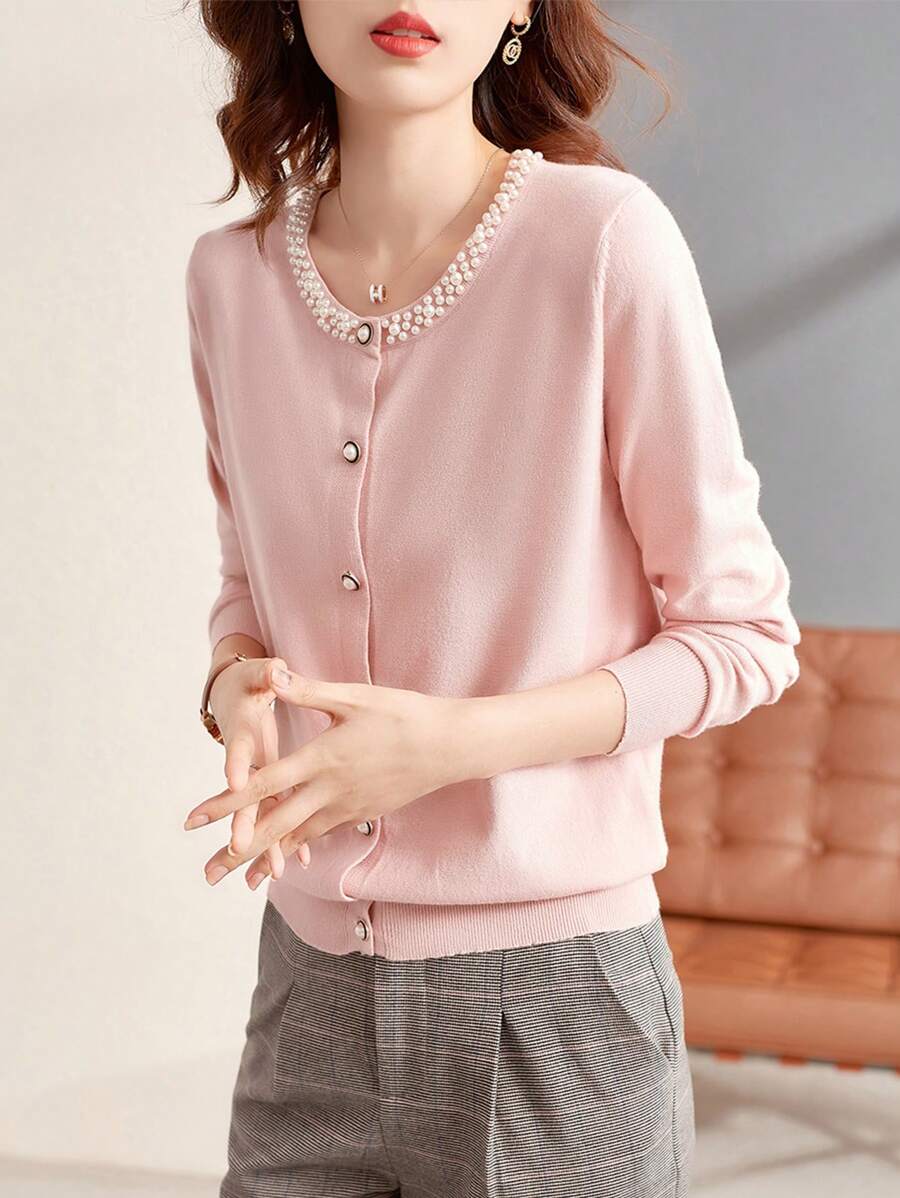 Pearls Beaded Button Front Cardigan | SHEIN USA