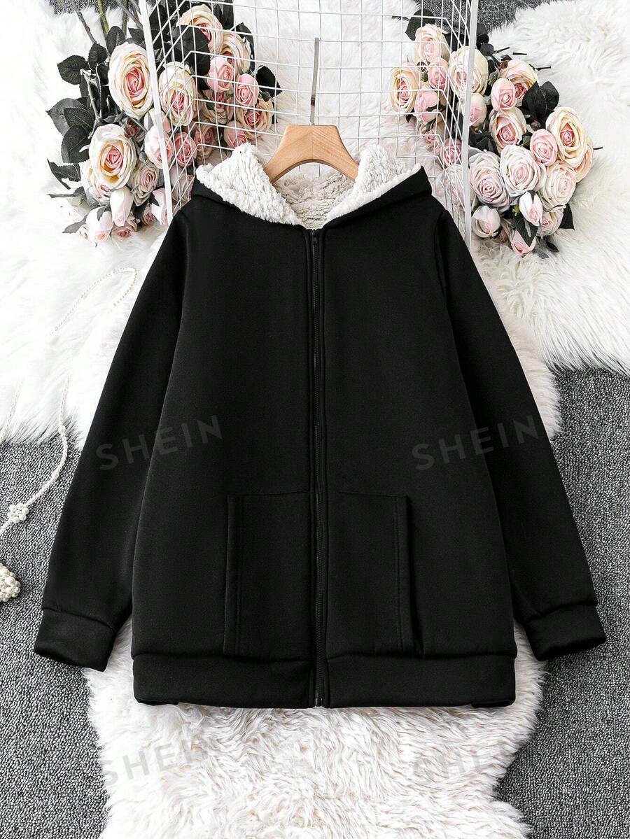 SHEIN LUNE Plus Solid Zip Up Thermal Lined Hooded Winter Coat | SHEIN UK