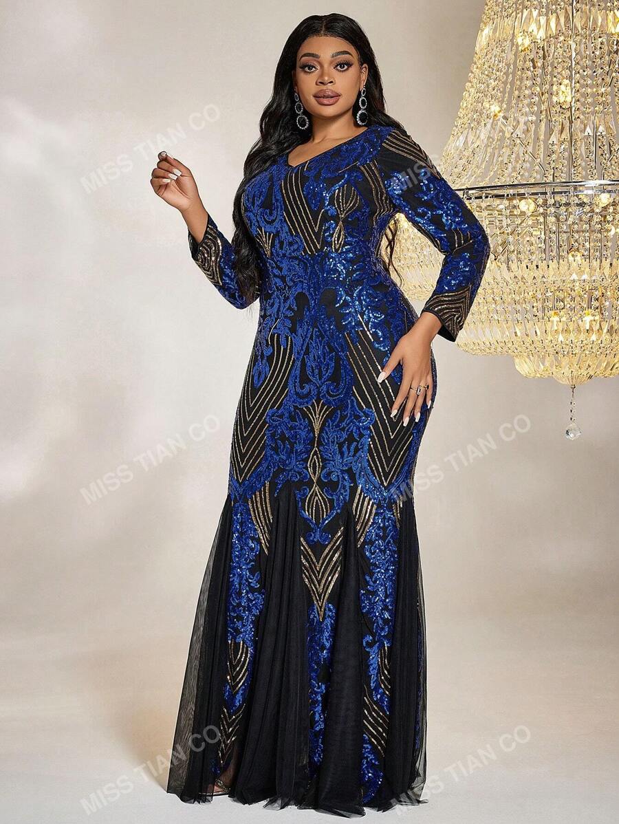 Plus Floral Sequin Mermaid Hem Formal Dress Black Elegant Long Sleeve Prom Evening Wedding Guest ...