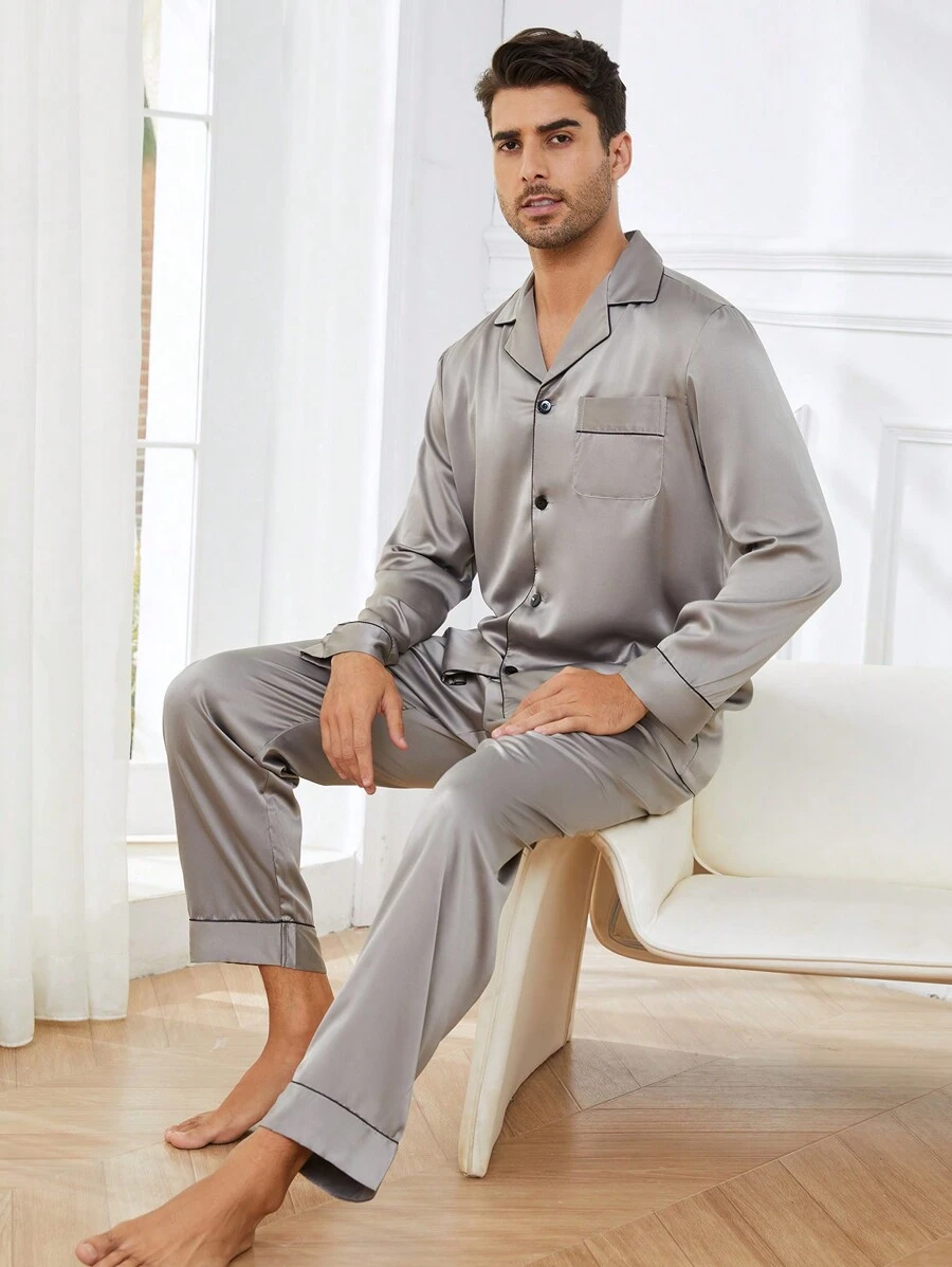 Men Contrast Piping Satin PJ Set | SHEIN USA