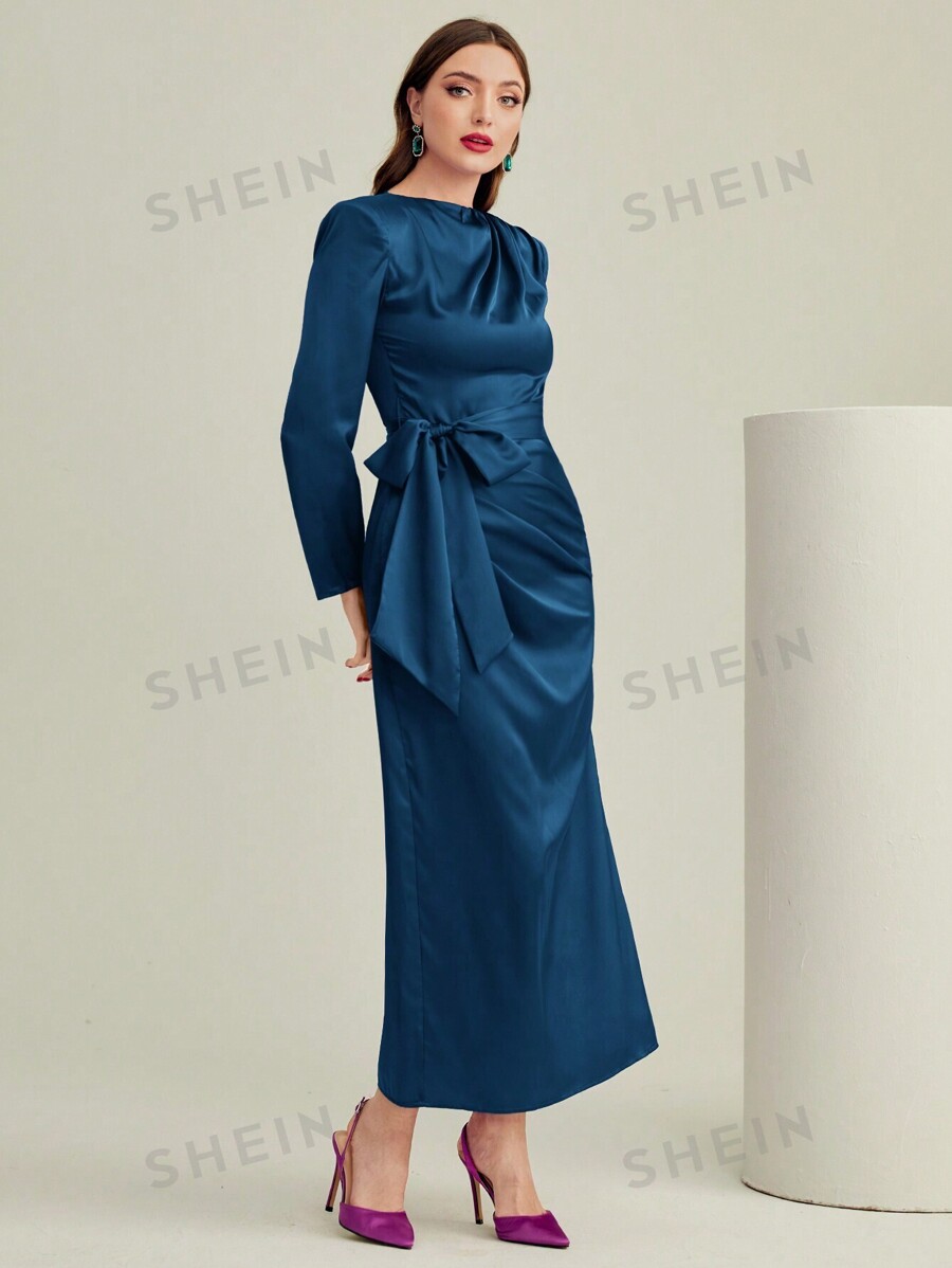 SHEIN Modely Solid Belted Satin Dress | SHEIN UK
