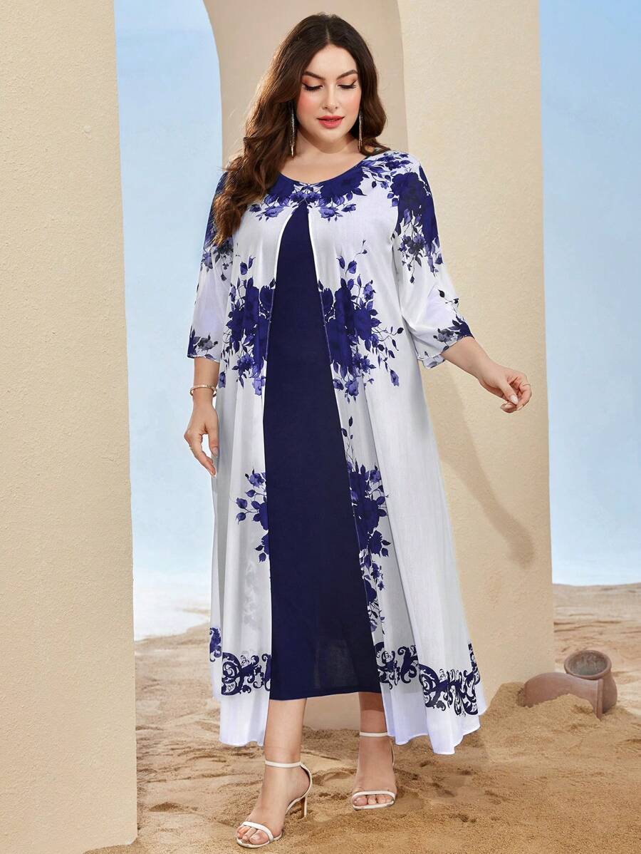 Mulvari Plus Floral Print Open Front Dress Maxi Women Outfit | SHEIN USA