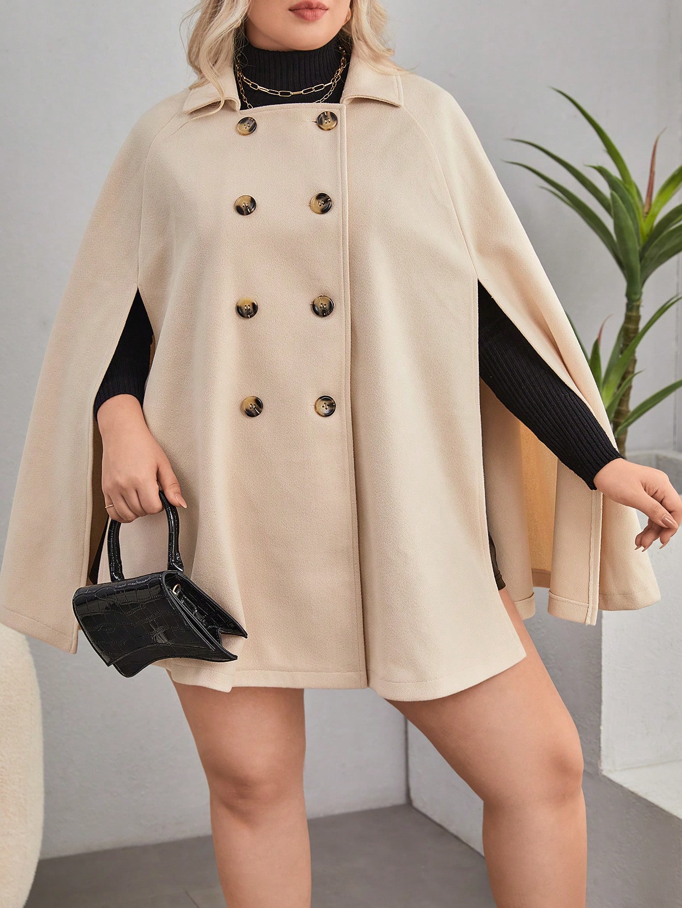 SHEIN Essnce Plus Double Breasted Cloak Sleeve Cape Overcoat | SHEIN USA
